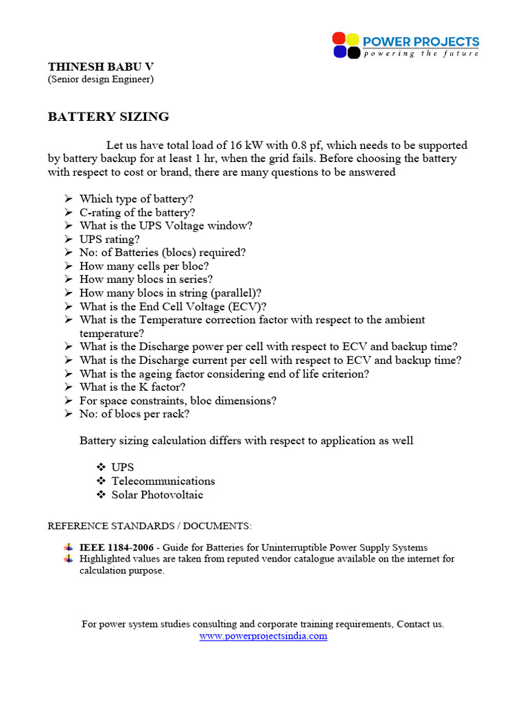 UPS Battery Sizing Calculation For VRLA Batteries | PDF