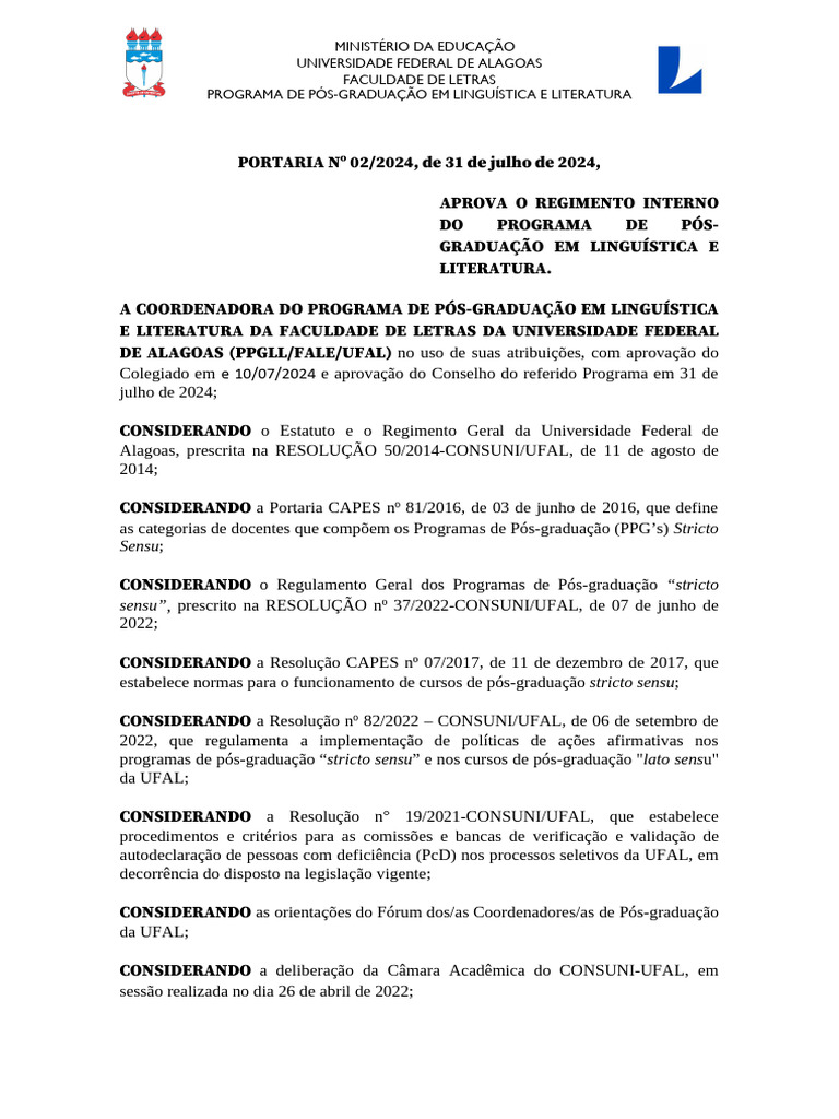 Portaria 02 2024 REGIMENTO - 2024 - APROVADO - Colegiado e PROPEP | PDF