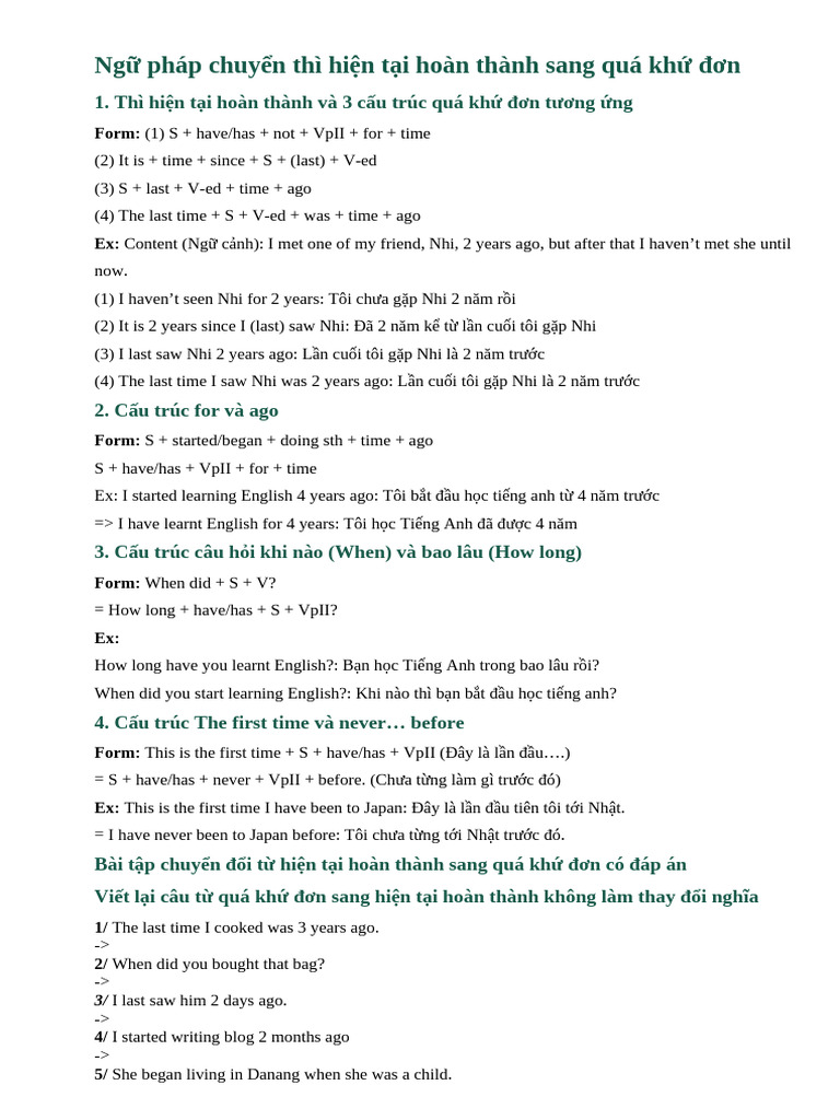 Thì HTHTTD và cách chuyển câu | PDF