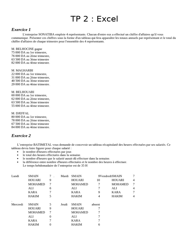TP 2: Excel: Exercice 1 | PDF