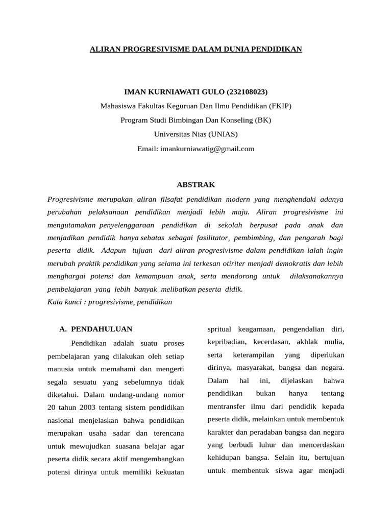 ALIRAN PROGRESIVISME DALAM DUNIA PENDIDIKAN Iman Kurniawt | PDF