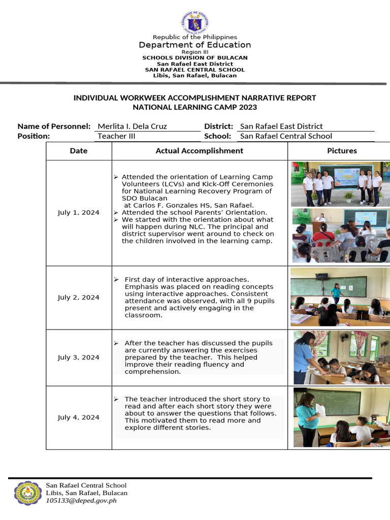 Mam Merly NLC-ACCOMPLISHMENT-NARRATIVE-REPORT-2024 | PDF