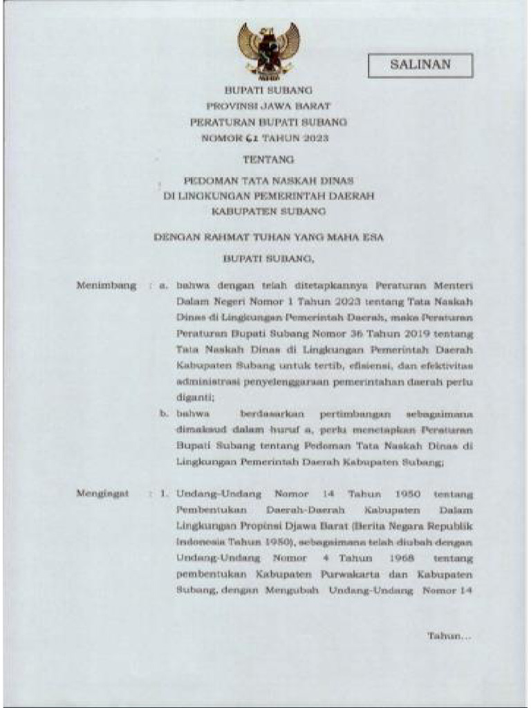 Perbup Subang No. 62 Tahun 2023 Tentang Pedoman Tata Naskah Dinas Di ...