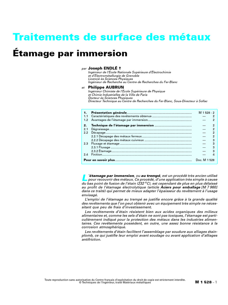 Traitements de Surface Des Métaux: Étamage Par Immersion | PDF