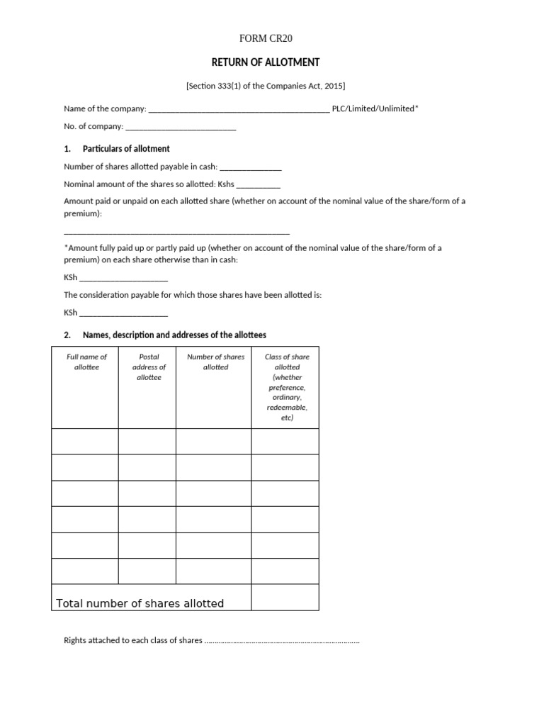 Form CR20: Return of Allotment Details | PDF | Business | Law