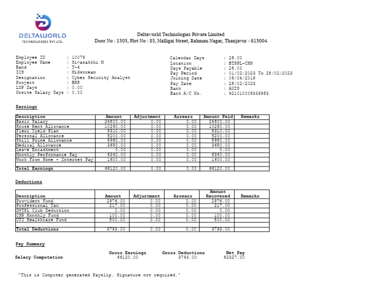 Deltaworld February Payslip - Sivasakthi | PDF