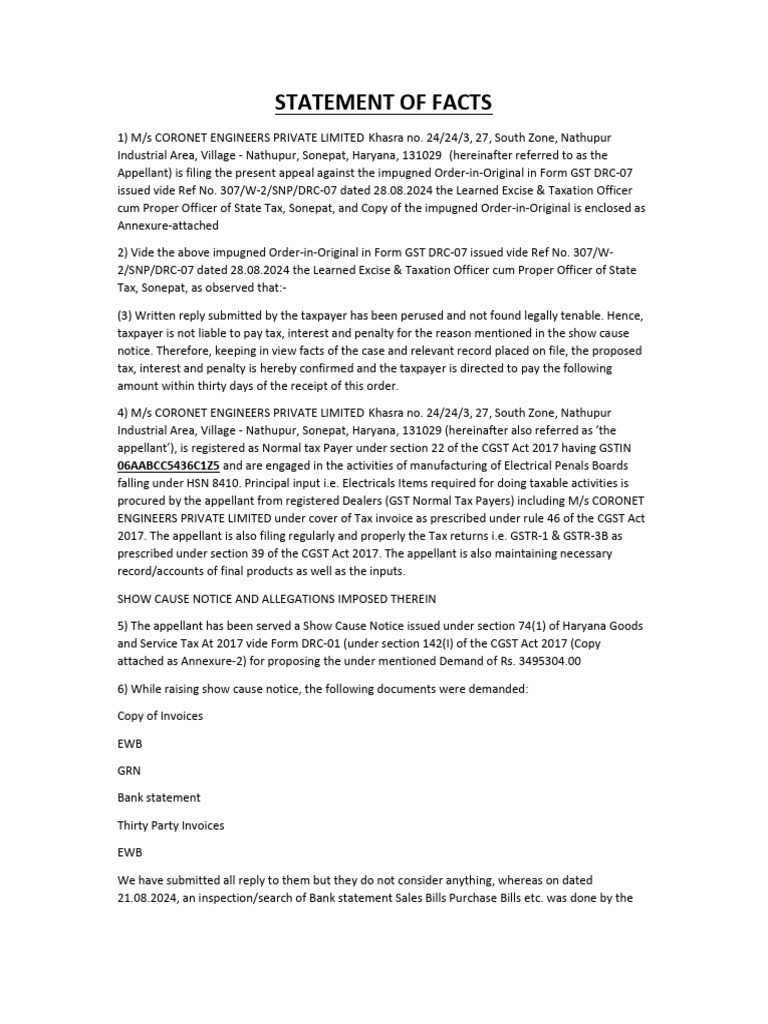 GST Appeal: Statement of Facts | PDF | Taxes | Appeal