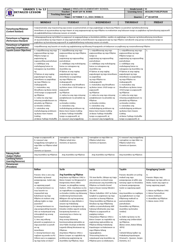 DLP - Araling Panlipunan 6 - Q2 - W2 | PDF