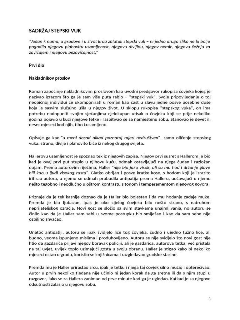 KRATAK SADRŽAJ Stepski Vuk | PDF
