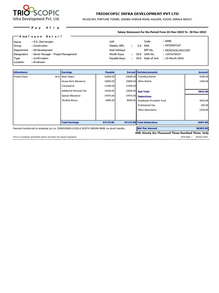 Darmarajan Nov Payslip - 2023 | PDF