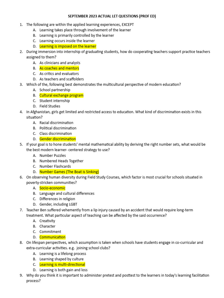 SEPTEMBER 2023 LET QUESTIONS Corrected Answers | PDF