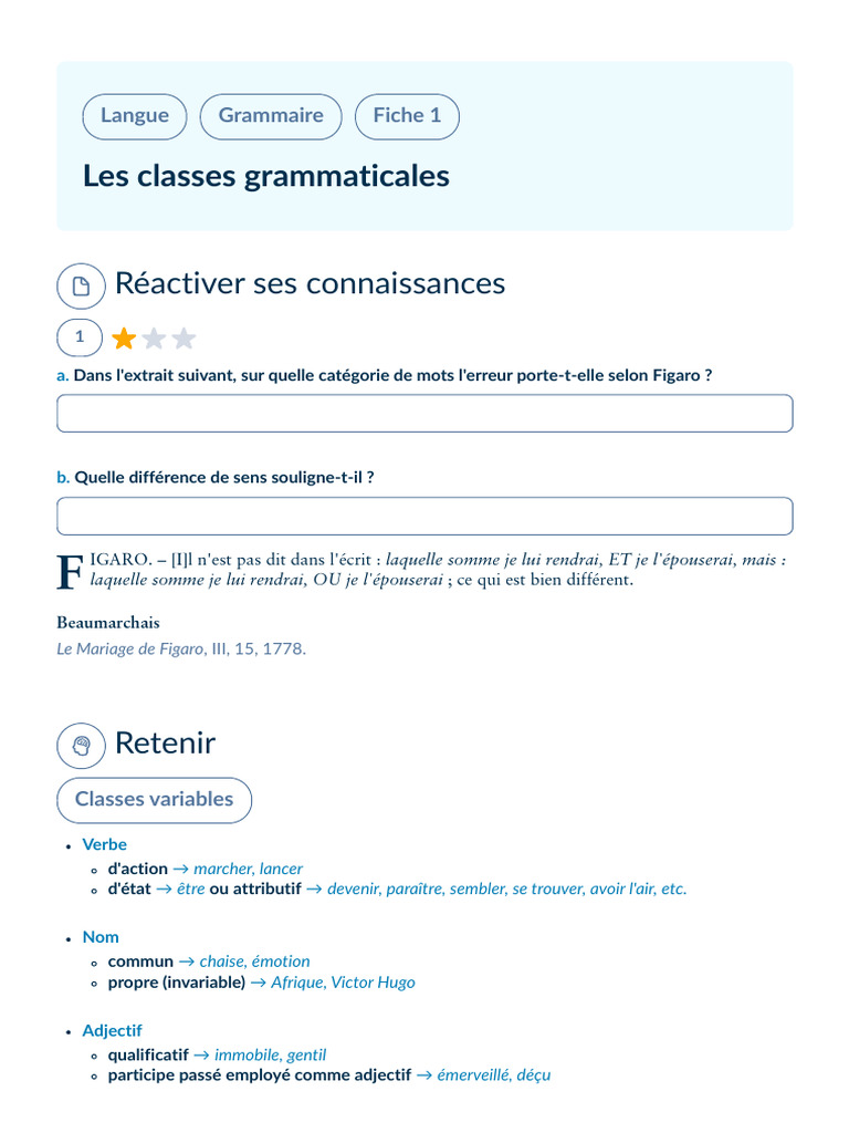 Grammaire - Fiche 3 - Les Classes Grammaticales | PDF