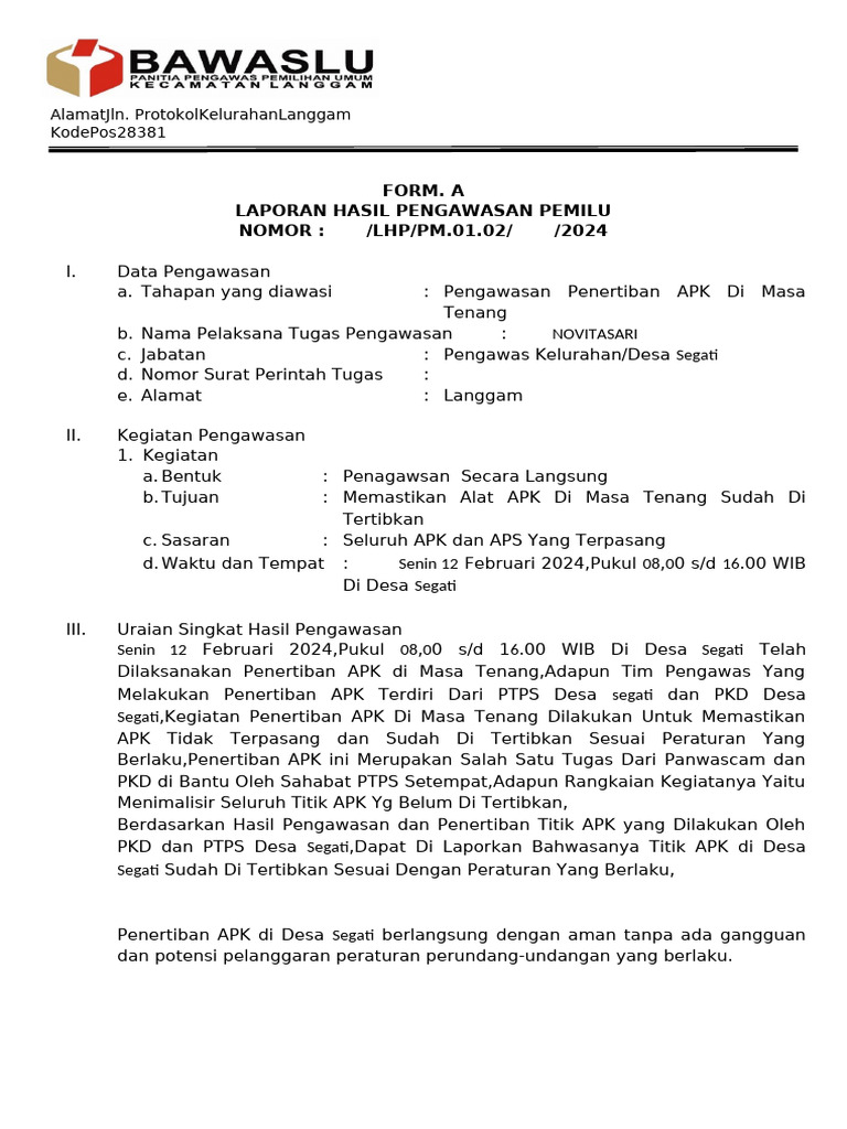 Form A - Pengawasan Penertiban APK 2024 Langkan-1 | PDF