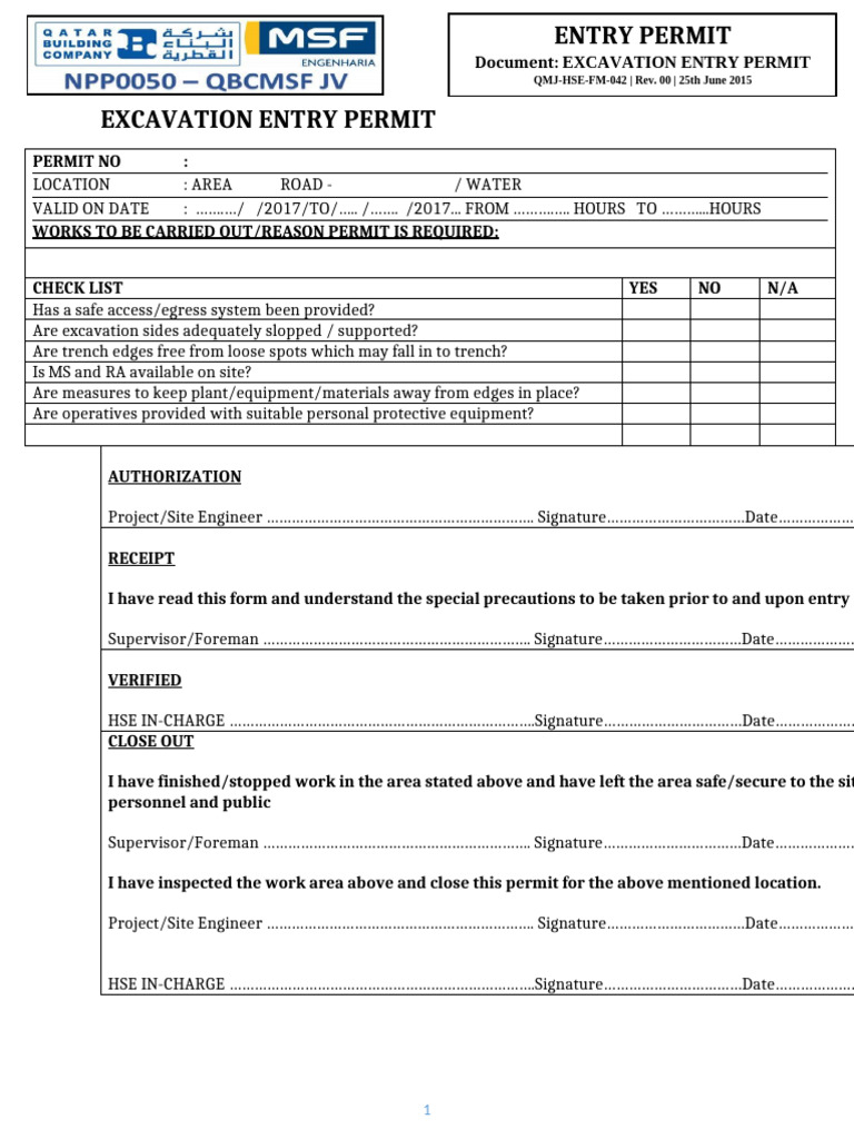 Excavation Entry Permit | PDF