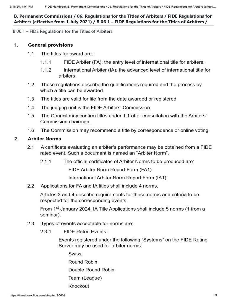 B.06.1 – FIDE Regulations for the Titles of Arbiters _ | PDF