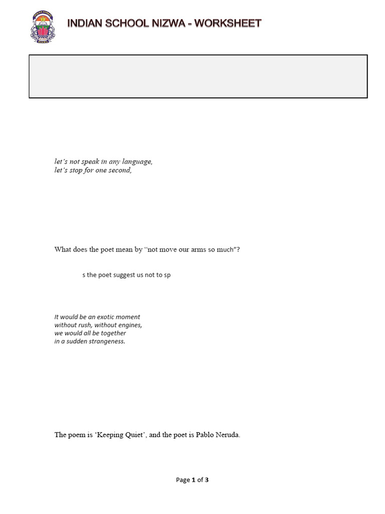 9097023-Isn - 2017-18 - WS - Class Xii - English - Keeping Quiet | PDF