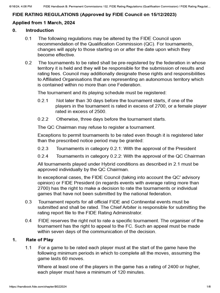 FIDE Rating Regulations Effective From 1 March 2024 | PDF