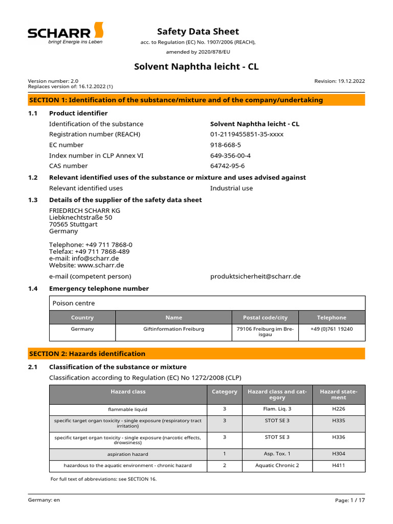 Safety Data Sheet Solvent Naphtha Leicht CL Sds 2022 12 19 | PDF