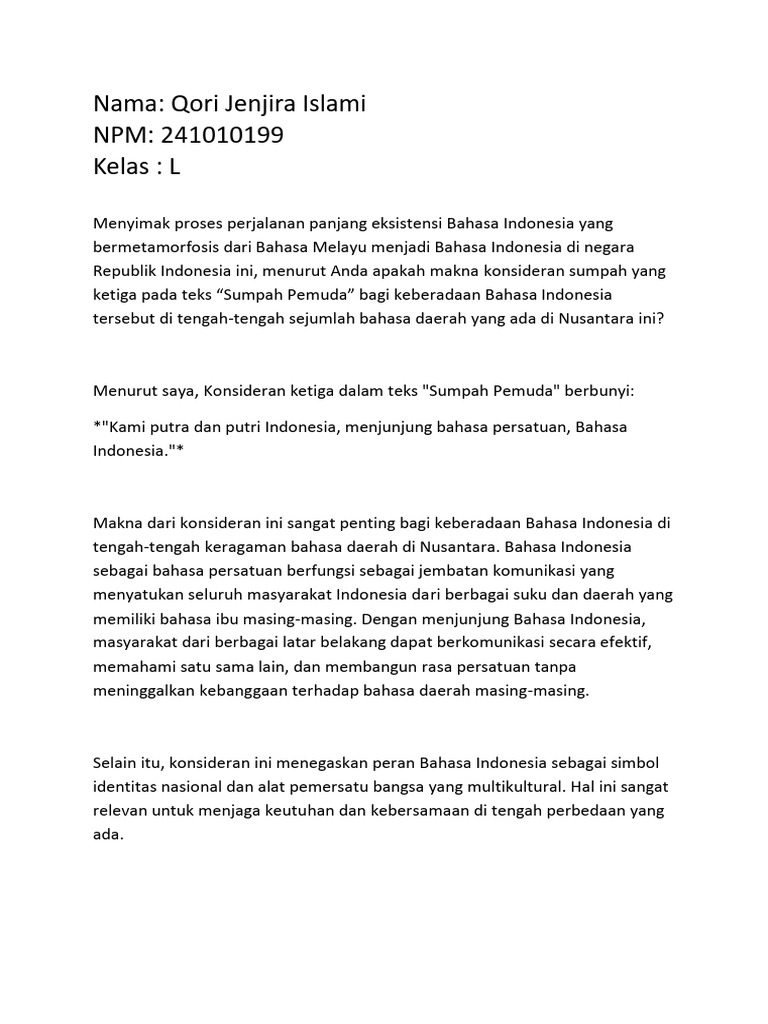 Nama: Qori Jenjira Islami NPM: 241010199 Kelas: L: Ketiga Pada Teks "Sumpah Pemuda" Bagi ...