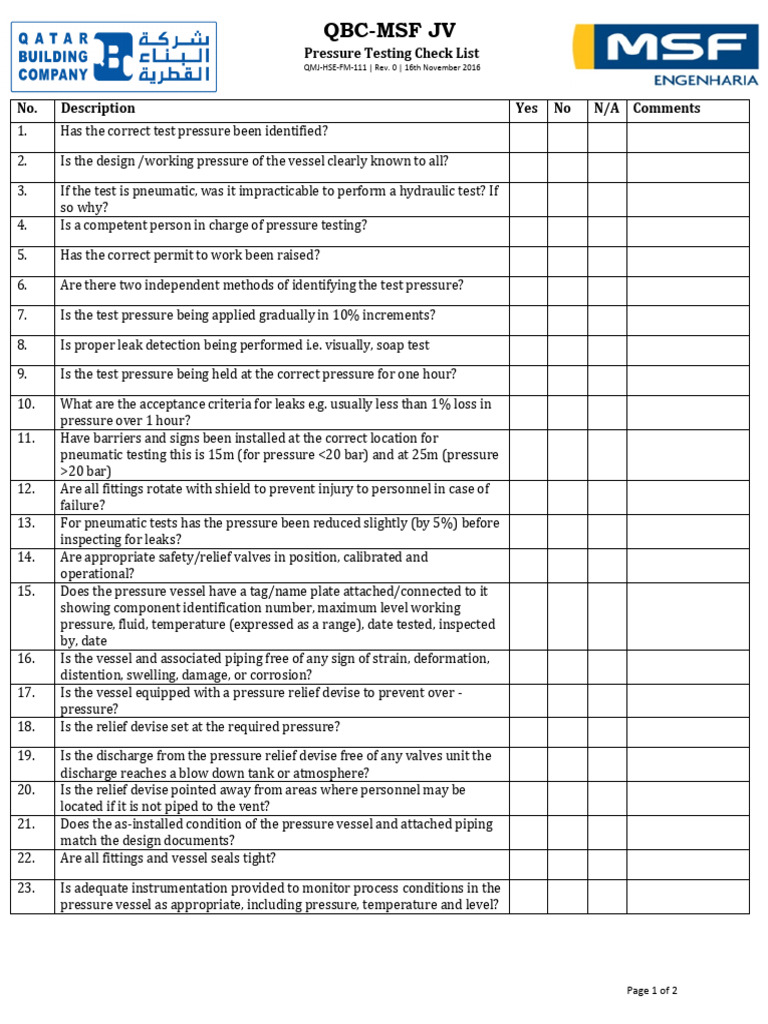 QMJ-HSE-FM-111 Pressure Testing Checklist (Rev0) | PDF