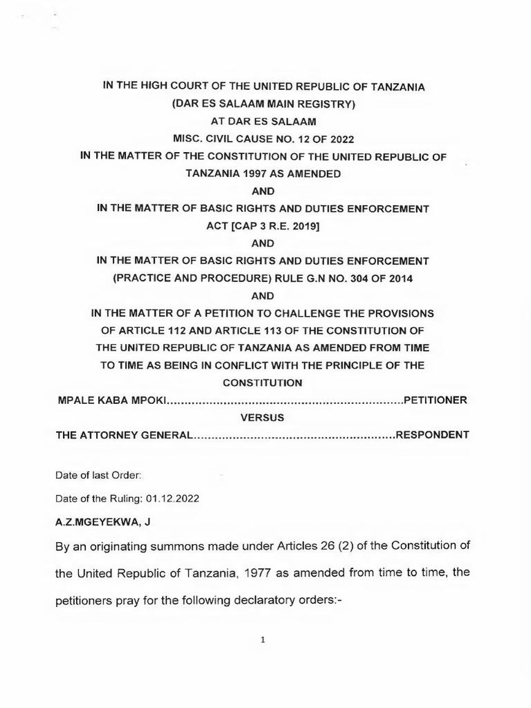 Mpale Kaba Mpoki Vs Attorney General 2022 TZHC 15676 1 December 2022 | PDF
