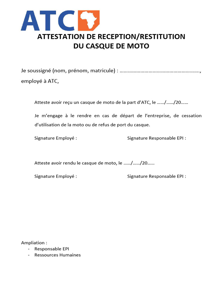 EN-GRH-012 Attestation Réception Casque de Moto | PDF