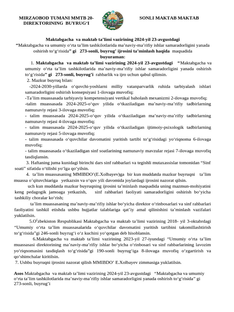 273 Sonli Maktab Buyrug I | PDF