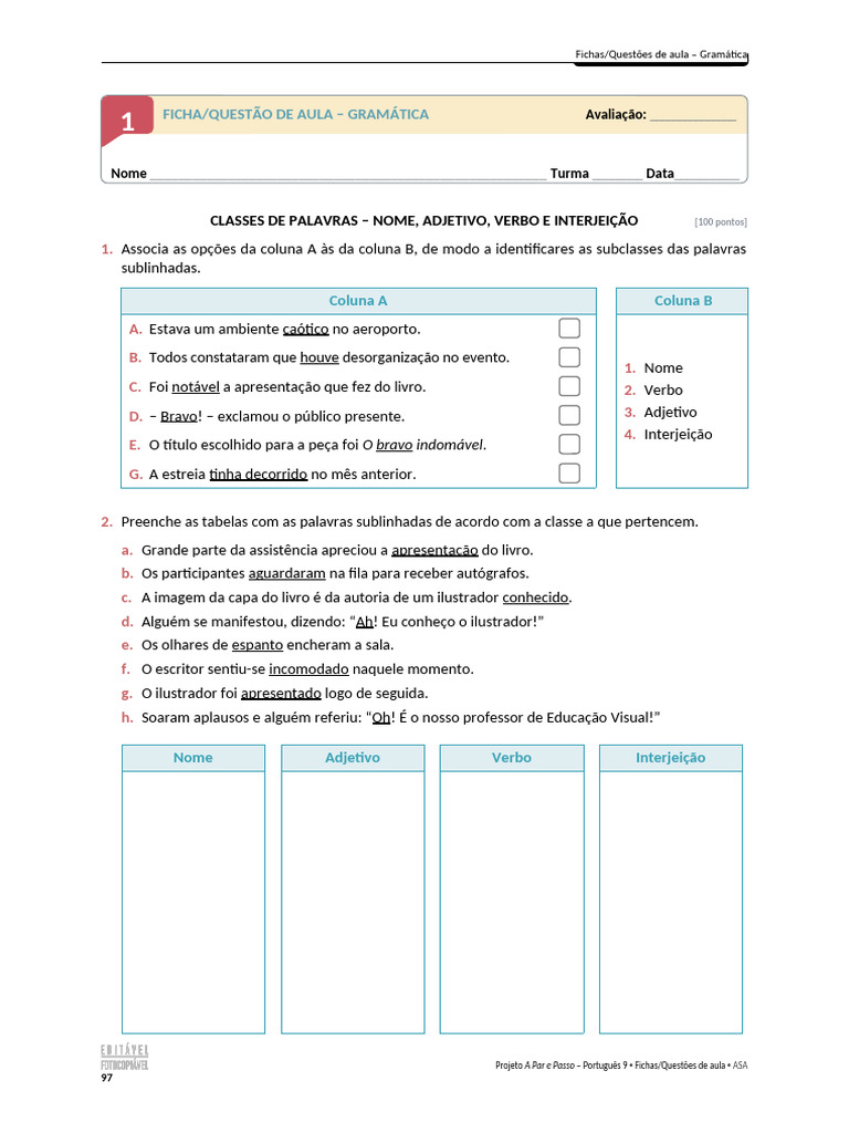APP9 DP (QA-G 1 Classes de Palavras) | PDF