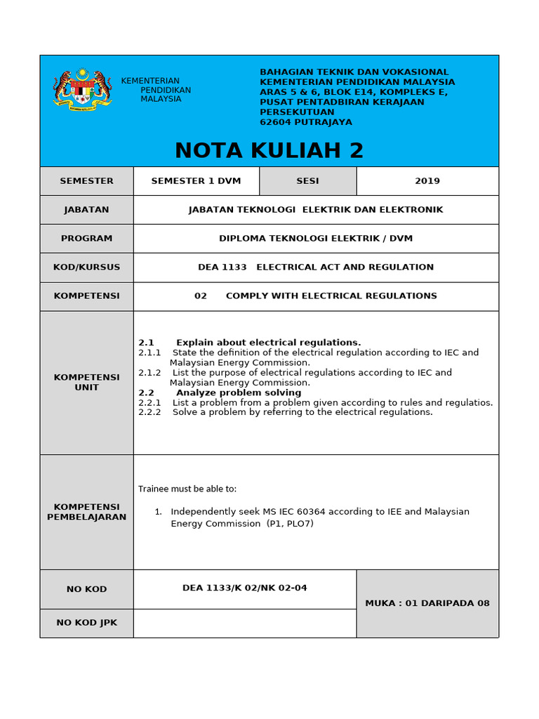 Nota Kuliah: Peraturan Elektrik 1994 | PDF | Technology & Engineering