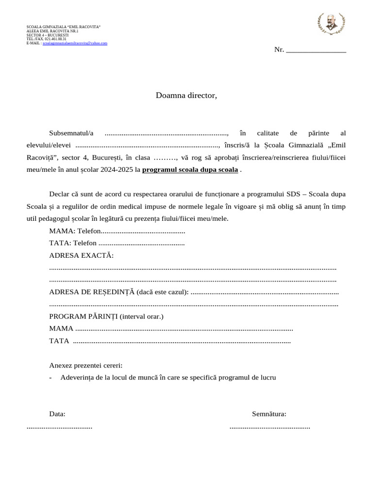 Cerere Inscriere SDS 2024-2025 Modificata | PDF