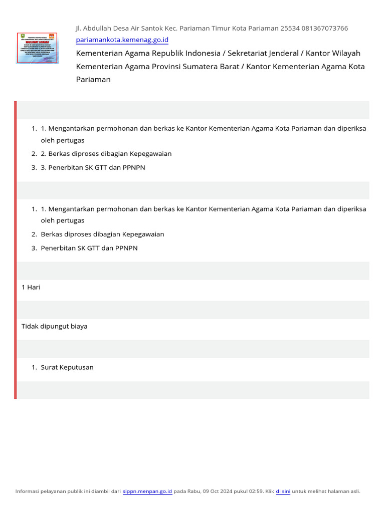 Unduh Standar Pelayanan - Penerbitan SK GTT Dan PPNPN | PDF