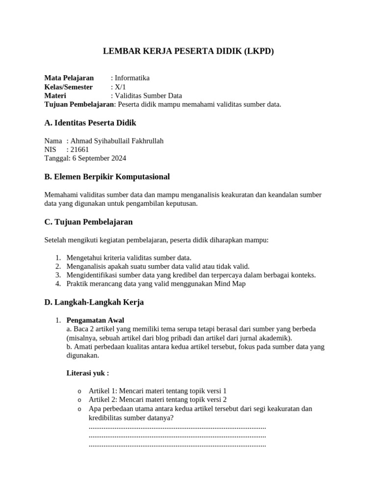 LKPD Validasi Data Menuangkan Dalam Mind Map | PDF