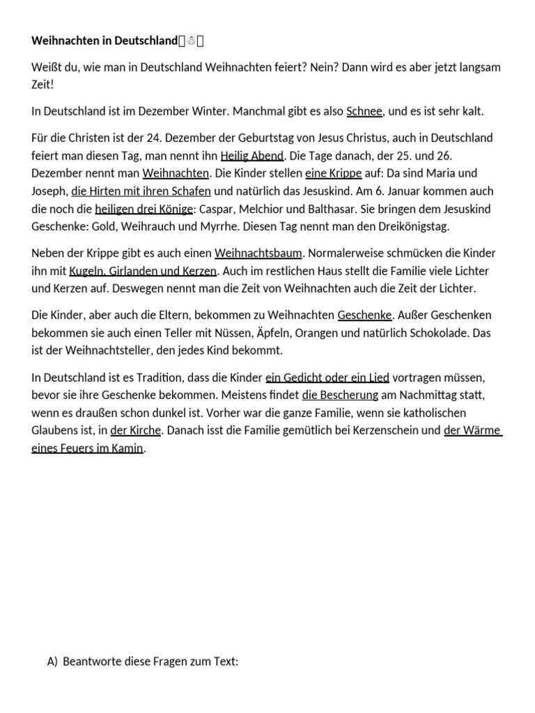 Weihnachten in Deutschland Text Arbeitsblatter Leseverstandnis - 20151 ...