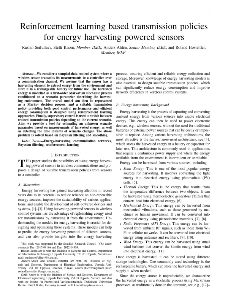 Reinforcement Learning Based Transmission Policies For Energy Harvesting Powered Sensors | PDF