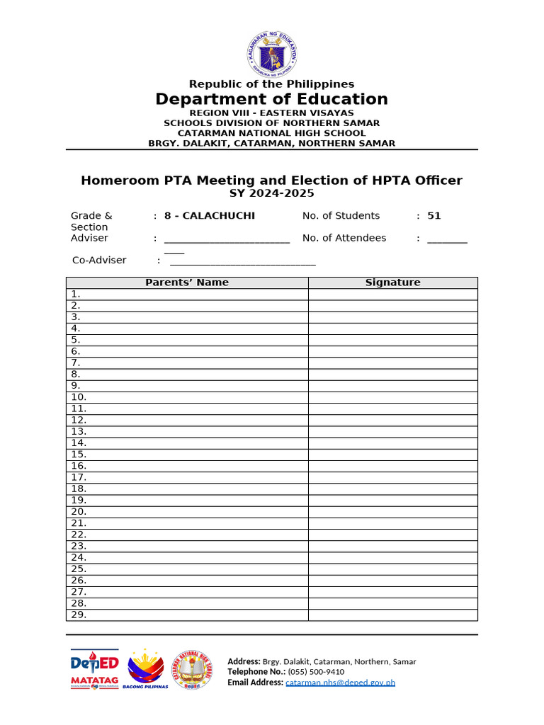 Attendance-Sheet-HPTA-Meeting-and-Election-of-HRPTA-Officers | PDF