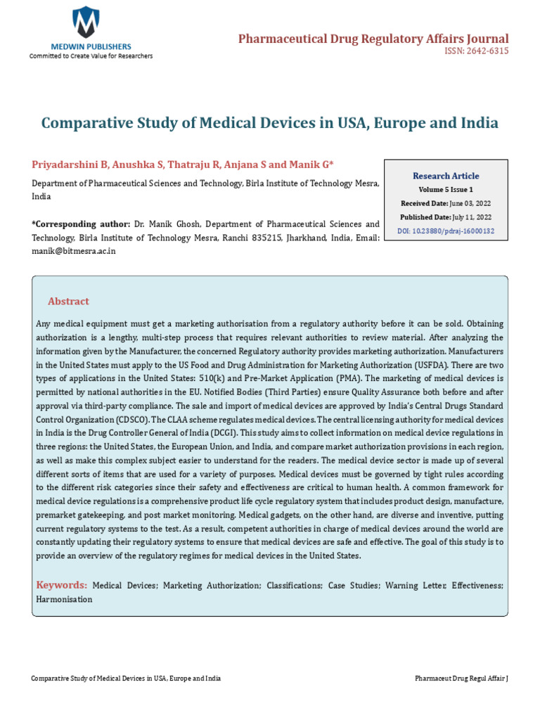 2022 Comparative-Study-Of-Medical-Devices-In-Usa,-Europe-And-India | PDF