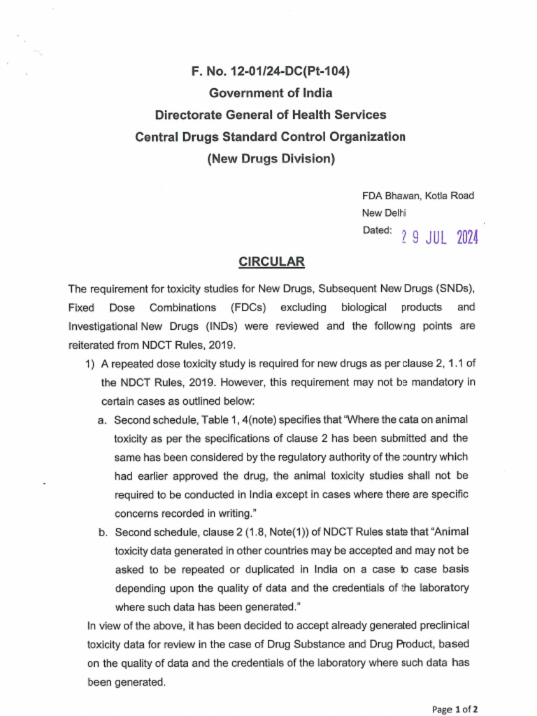 CDSCO CIRCULAR Toxicity Studies | PDF