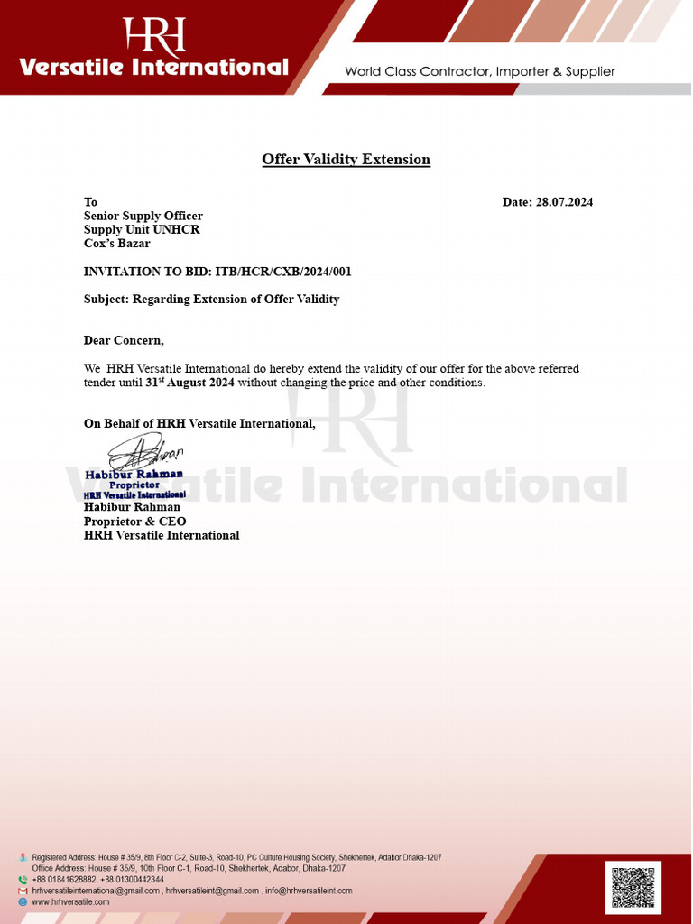 Offer Validity Extension Format Jmajm Aljf | PDF