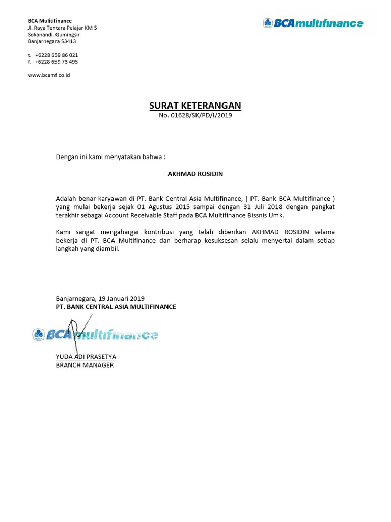 Paklaring Bca Multifinance | PDF