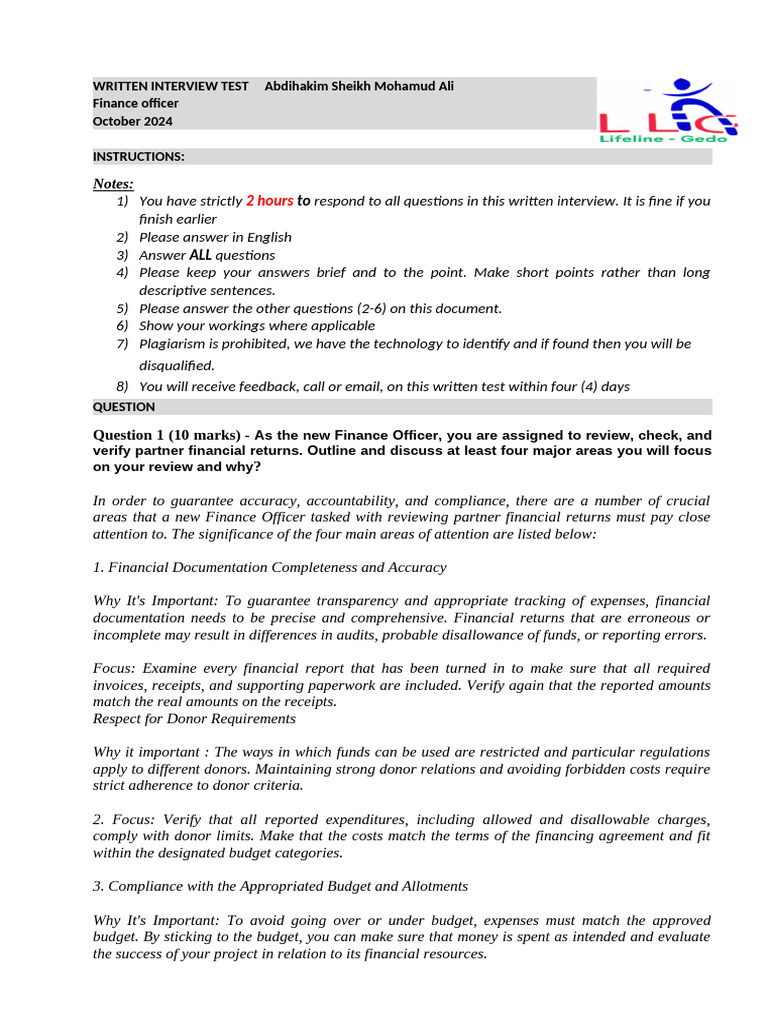 Written Test - Finance Officer | PDF