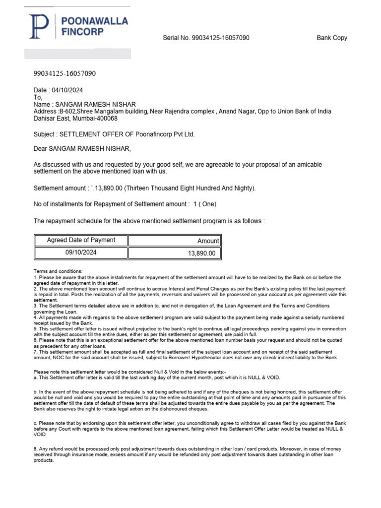 SATYA PAL SINGH Settlement Letter (1) Extract | PDF