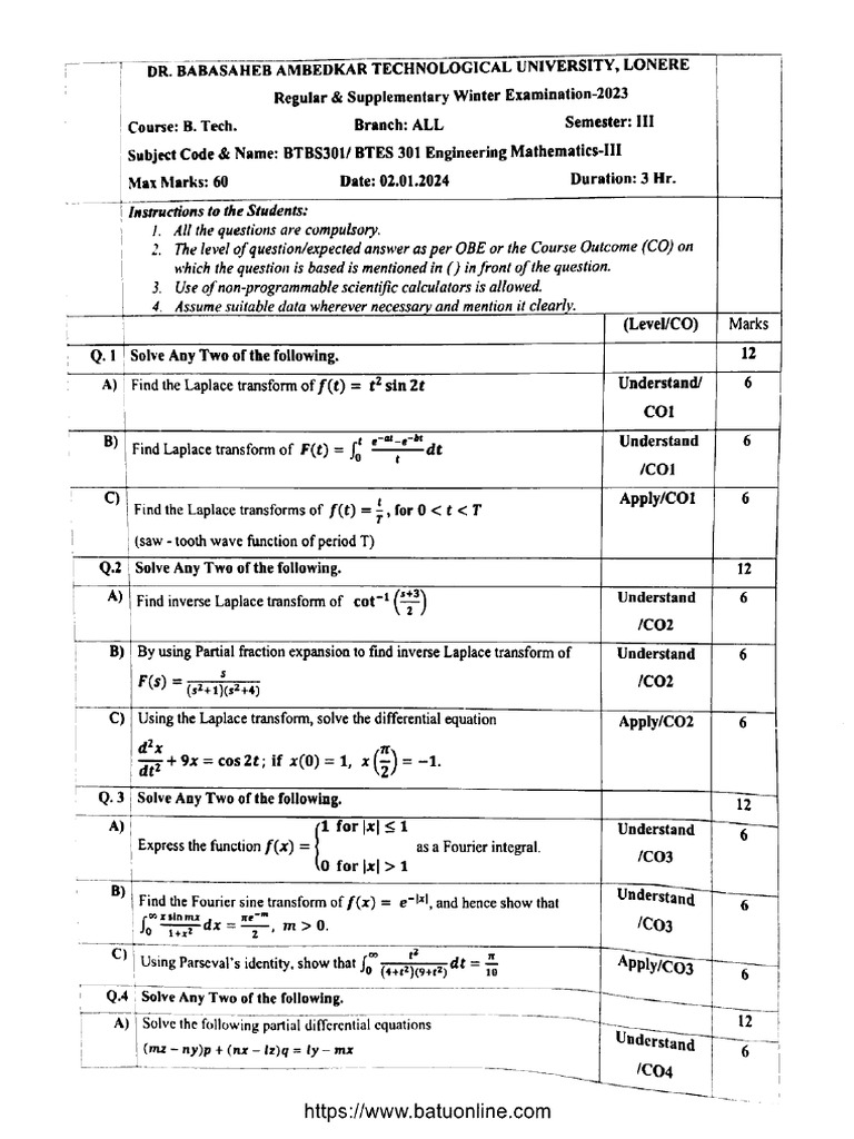 Btech 3 Sem Engineering Mathematics 3 Btbs301 Jan 2024 | PDF