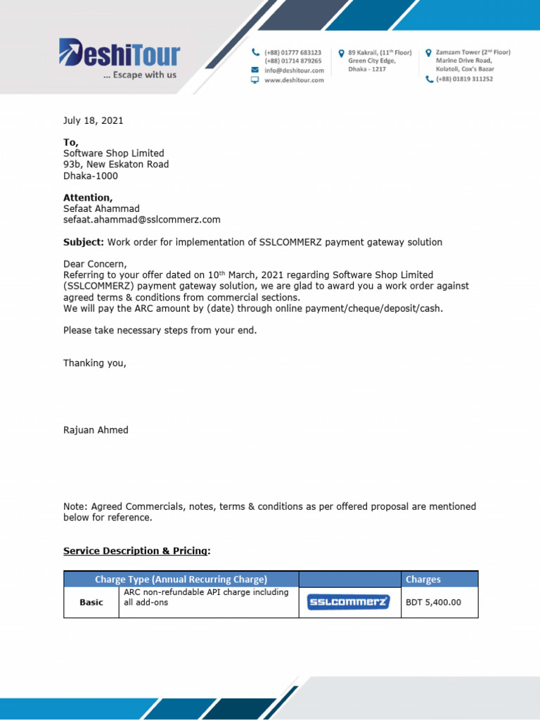 Work Order - Deshi Tour (SSL Commerz) | PDF