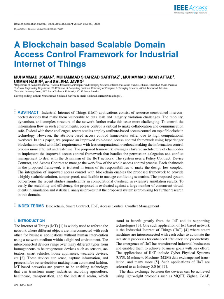 A Blockchain Based Scalable Domain Access Control Framework For Industrial Internet of Things | PDF