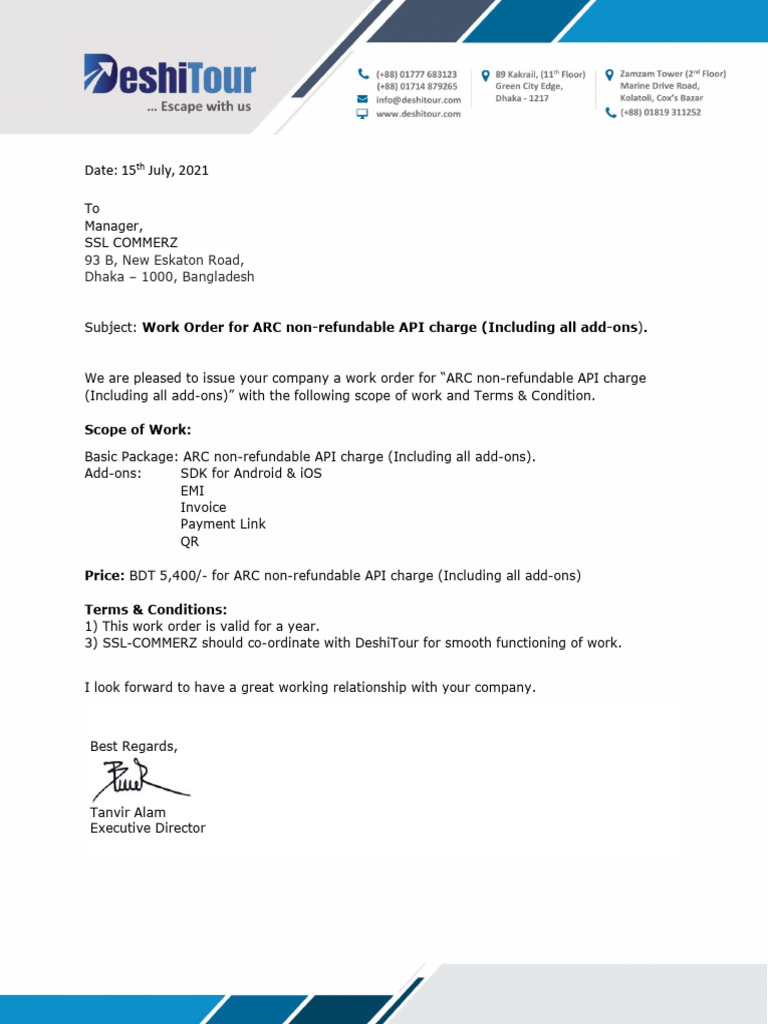 DeshiTour - Work Order (SSL Commerz) | PDF