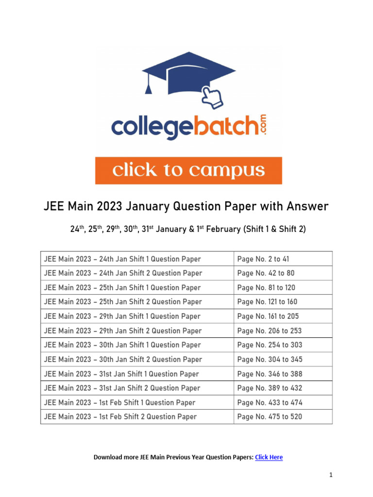 JEE Main 2023 January Session Question Paper With Solution | PDF