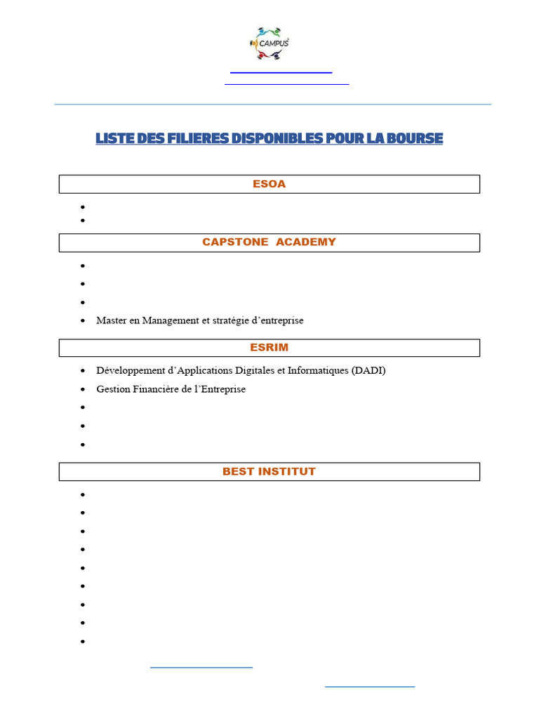 Liste Des Filieres Disponibles Pour La Bourse | PDF | Application | Commercialisation