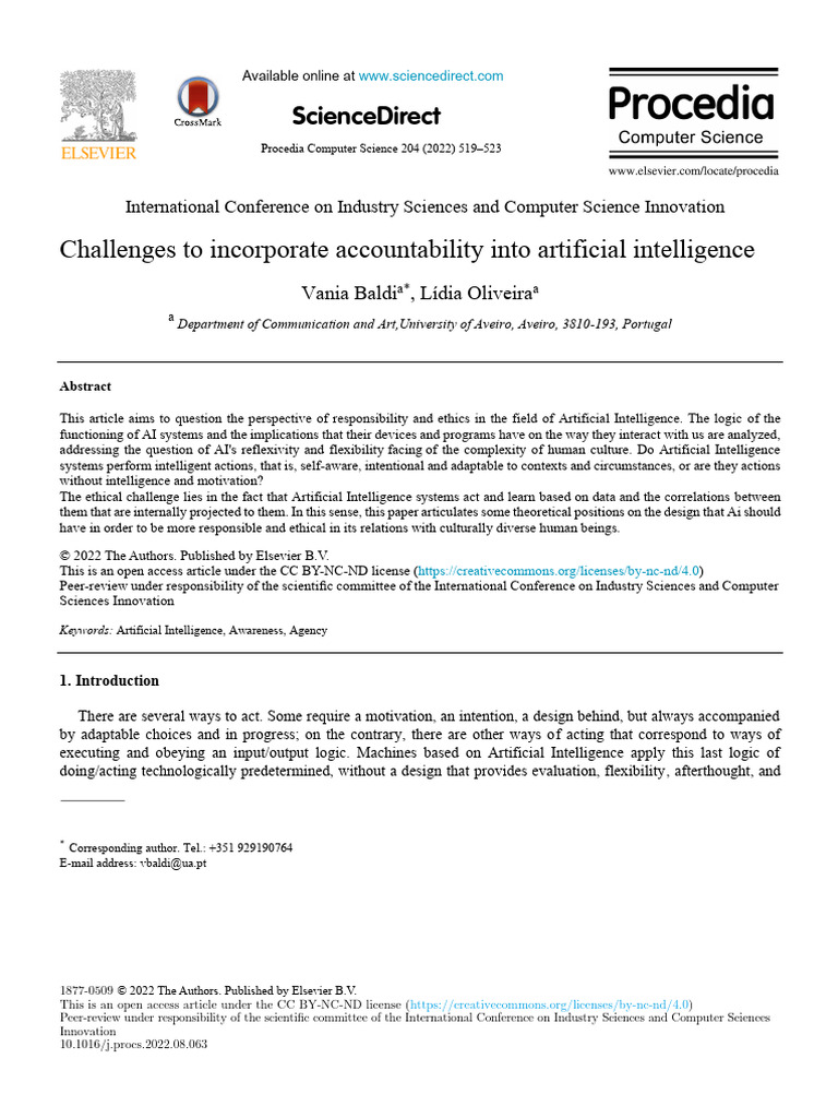 Challenges to Incorporate Accountability Into Artifi 2022 Procedia Computer | PDF