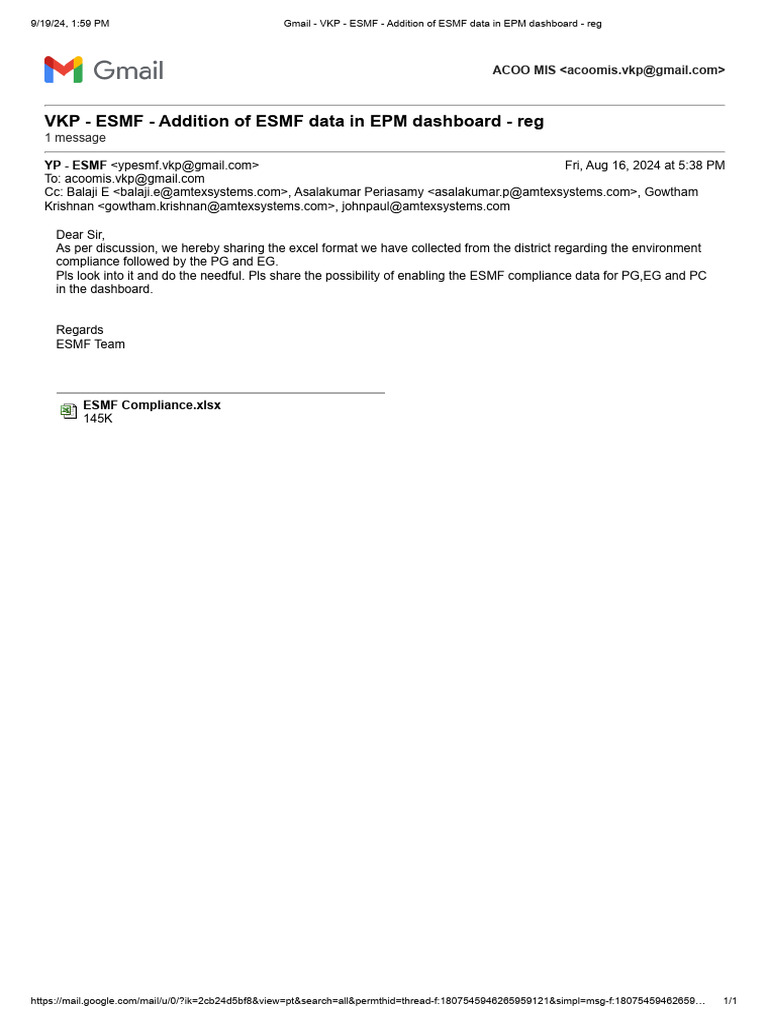 Gmail - VKP - ESMF - Addition of ESMF Data in EPM Dashboard - Reg | PDF