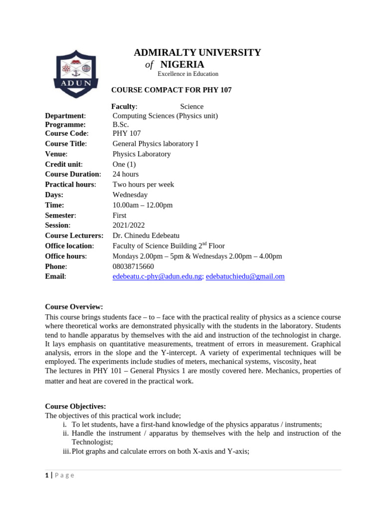 PHY - 107 - Course Outline - 2020 - 2021 | PDF